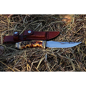 Uncle Henry 153UH Golden Spike Fixed Blade Knife with 5in High Carbon S.S. Blade, Staglon Handle, Sharpening Stone, Full Tang, and Leather Sheath for Hunting, Skinning, Camping, and Outdoors