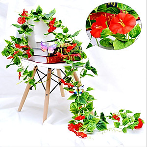 AirSun Artificial Morning Glory Flower Vines, 2pcs 15Feet Hanging Plants Silk Garland Fake Green Plant Home Garden Wall Fence Indoor Outdoor Wedding Birthday Decor (Red)