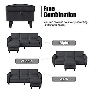 Dark Grey Convertible Sectional, Modern Linen Fabric Upholstered L-Shaped Couch with Armrest Pockets 3-Seat Sofa with Reversible Storage Ottoman for Living Room Small Space Apartment