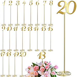 Therwen 20 Pcs Metal Table Numbers 1-20 Table Numbers for Wedding Reception 12 Inch Stainless Steel Party Table Number with Sturdy Holder Base for Banquet Wedding Party Event Catering (Gold)