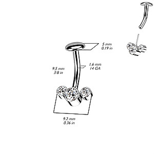Pierced Owl 14GA F136 Implant Grade Titanium Threadless 5mm Convex Base Triple CZ Crystal Fan Belly Button Ring (Clear)