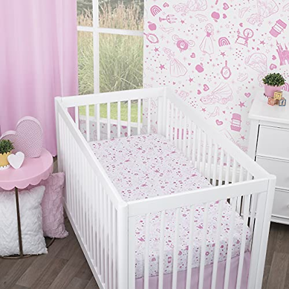 Disney Princess - Dare to Dream Pink and White, Castle, Hearts and Stars 3 Piece Nursery Crib Bedding Set - Comforter, Fitted Crib Sheet, and Crib Skirt