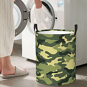 Gbuzozie Camouflage Print Round Laundry Hamper Green Camo Storage Basket Toys Clothes Organizer Bin For Home Bathroom Bedroom Dorm Nursery, 38l