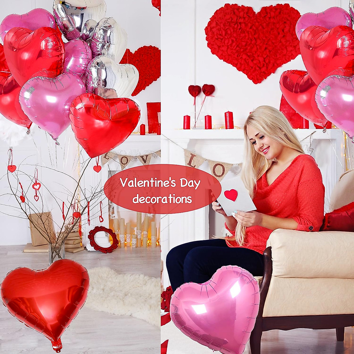 Upgraded Pink Silver and Red Balloons - Pack of 15 - Heart Shaped Foil Balloons for Valentines Day Wedding Birthday Bridal Shower Baby Shower Decorations