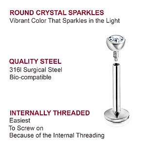 bodyjewellery 3pcs 16g 5/16 Labret Stud Lip Ring Snake Bite Conch Forward Helix Monroe Tragus Dahlia Marilyn Internally Threaded - Clear