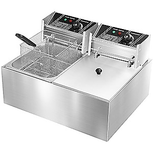 Rengue Commercial Deep Fryer 10.57QT x 2 Large Electric Deep Fryer with 2 Baskets and 2 Lids Countertop Fryer with Constant Temperature Control System for Restaurant and Home Use 3400W