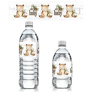 Woodland Bear Baby Shower Water Bottle Labels - Brown Bear Waterproof Wrappers - 24 Stickers