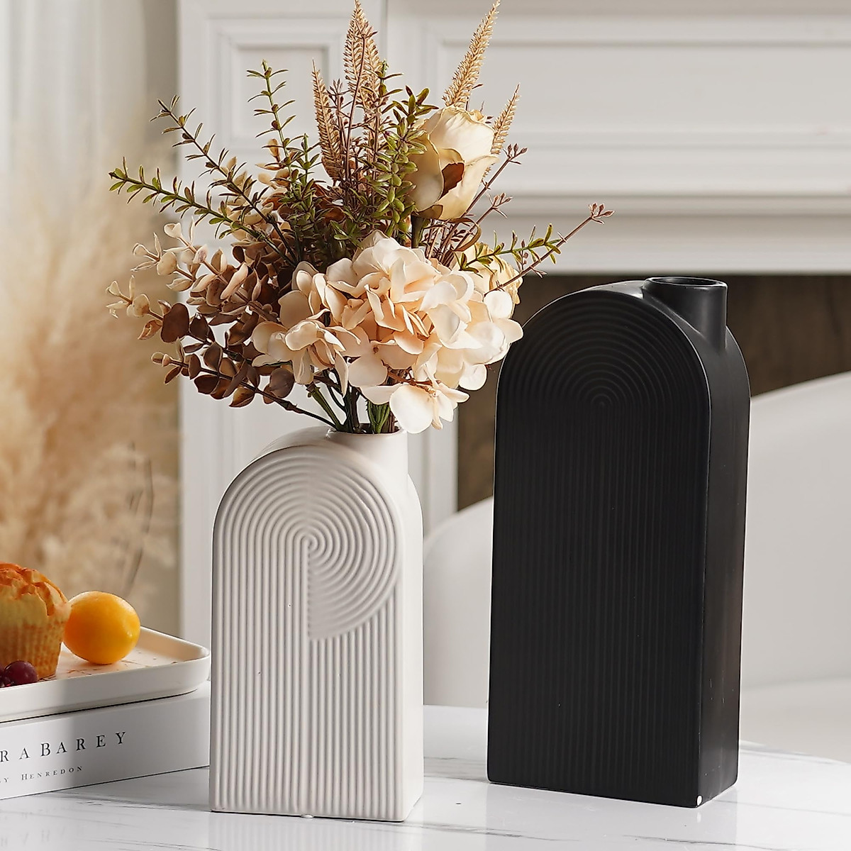 TERESA'S COLLECTIONS Black and White Modern Book Vase for Home Decor, Ceramic Decorative Flower Vase for Shelf, Fireplace Mantel, Centerpieces, Living Room, Housewarming Gifts for Mom, 11"-Set of 2