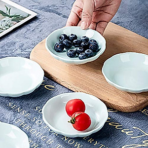 Sizikato 6pcs Light Blue Porcelain Snack Plates, 4-Inch Flower-Shaped Appetizer Plate Dipping Bowl.