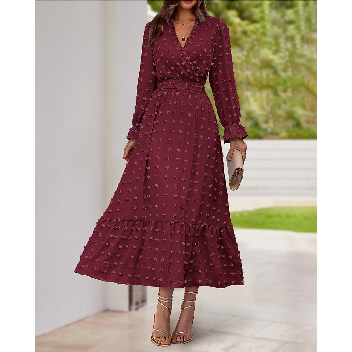 BTFBM Women Spring Dresses 2025 Long Sleeve V Neck Swiss Dots Maxi Dress Boho Long Dress High Waisted A-Line Ruffle Dress(Solid Wine Red,Medium)