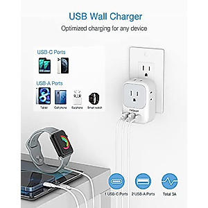 USB Wall Charger, USB Plug Adapter Outlet Extender, TESSAN 3 USB Hub (1 USB C Port), Multi Charging Station for Cruise, Bathroom, Office, Dorm Essentials