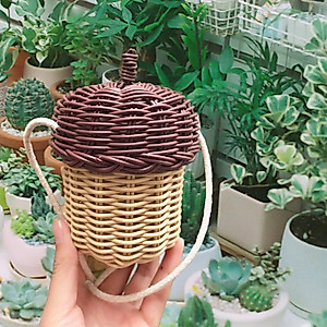 Acorn Shaped Basket Storage Basket, Mushroom Rattan Storage Basket with Lid, Rattan Wooden Woven Shoulder Bag Tropical Bucket Photo Props Handcrafted Gift Decoration Artwork(No frills)