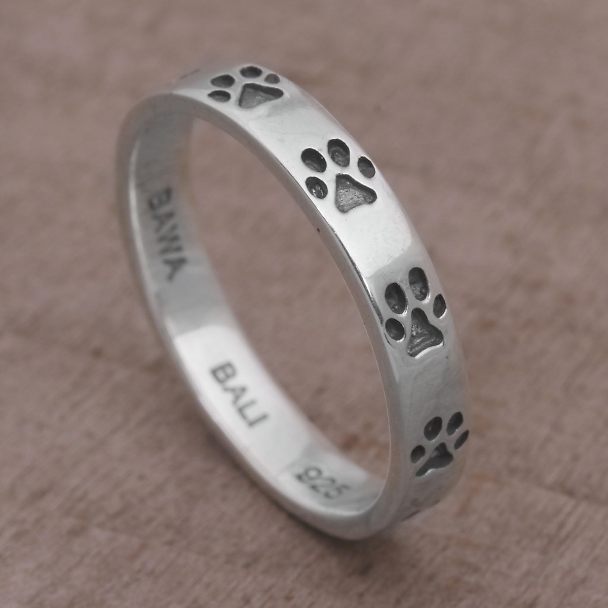 NOVICA Artisan Handmade Sterling Silver Band Ring Paw Print Motif from Bali No Stone Indonesia Animal Themed Modern Dog [band Width 4 mm W] ' Paw Prints'