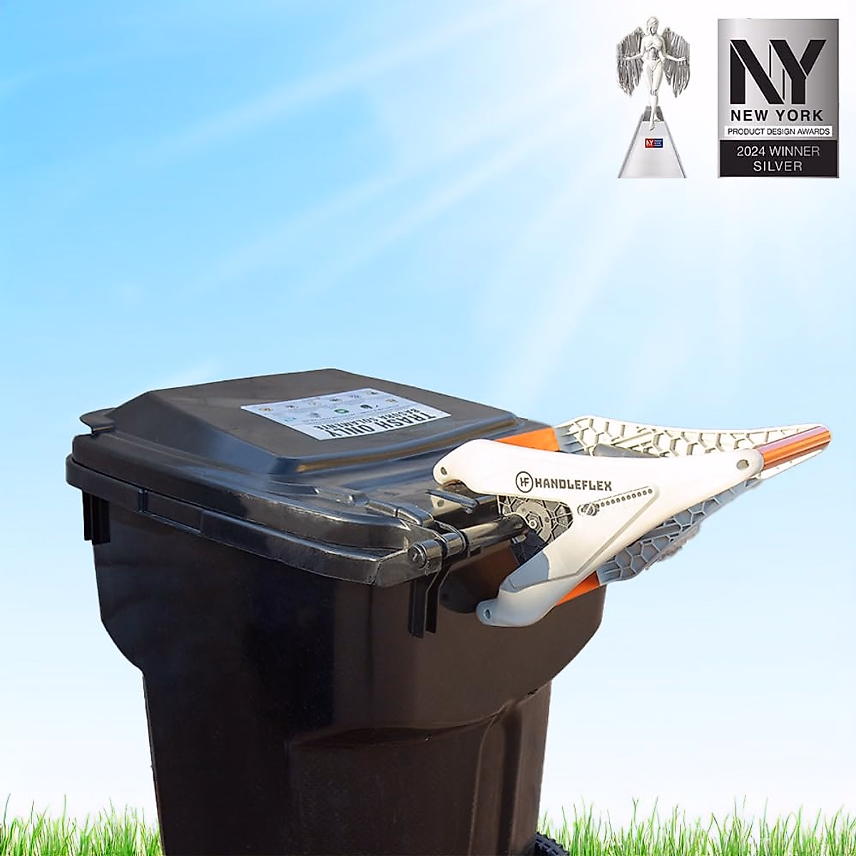 HANDLEFLEX Silver Limited Edition | Effortless & Hygienic Trash Bin Handle for Garbage Can | Trash Lid Lock for Wildlife Animals Opossums & Raccoons | Reduces Trash Weight