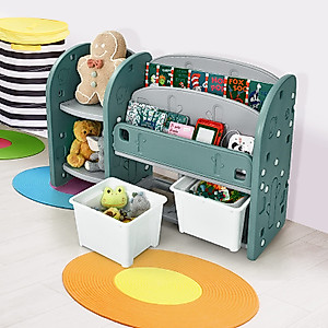 Costzon Kids Toy Storage Organizer, Toddler Bookshelf Cabinet w/ 2-Tier Bookshelf, 2 Shelves, 2 Removable Bins, Children Bookcase Display Book Rack for Kids Room Bedroom Playroom Furniture (Green)