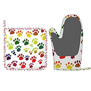 Oven Mitts Pot Holders Sets Cute Dog Paw Prints Silicone Oven Gloves Colorful Kitchen Accessories for Baking Cooking Dining
