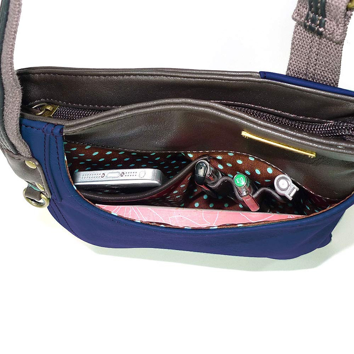 Chala Small Crossbody Phone Purse | SOFT Vegan Leather SWING Bag in Navy Blue Color (Dragonfly with Teal Flower)