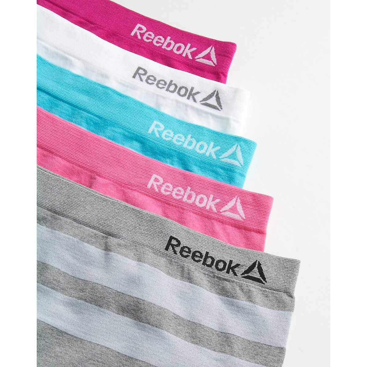 Reebok Girls' Boyshorts Underwear - 5 Pack Soft Seamless Girls Panties Boy Shorts - Breathable Panties for Girls (6-16), Size Medium, Fuchsia Stripes/White/Aqua Stripes/Pink/Sharkskin Stripes