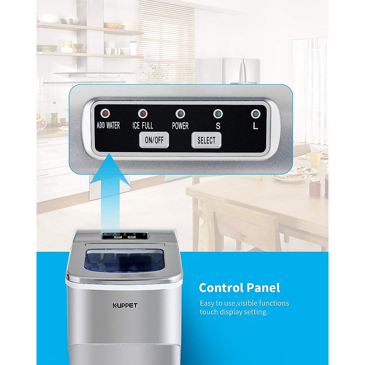KUPPET Ice Maker Machine for Countertop, Portable Automatic Ice Maker with LCD Display, 9 Ice Cubes Ready in 6min, 26 lbs/Day - for Parties/Home/Office/Bar, Ice Scoop and Basket (Silver)
