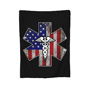 Rqwaaed EMS Star of Life EMT Paramedic Medic American Flag Throw Blankets Cozy Warm Lightweight Flannel Blanket for Sofa Bed Men and Women