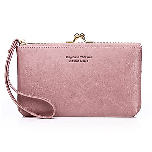 Yohora Wristlet Clutch Slim Leather Wallet Kiss Lock Handbag with Cellphone Pocket Retro Lightweight Pure Mini Coin Pouch
