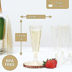 MATANA 50 Gold Glitter Plastic Champagne Flutes 5oz Clear Plastic Toasting Glasses, Mimosa Glasses, Cocktail Cups, Champagne Glasses - Wedding Anniversary Garden Barbecue Parties, Reusable, Recyclable