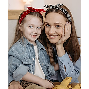 Wecoe Hairband, 4 Pack Bow Headbands for Women Girls, Cute Knotted Headband with Bow, Red, White, Black, Comfortable Cloth Leopard Polka Dot Hair Bands, Valentine's Day Hair Accessories, Gift