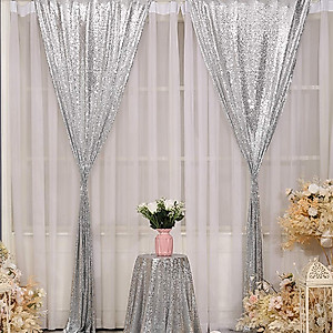Poise3EHome 2Pcs 3Ft x 8Ft Silver Sequin Backdrop Curtain, Glitter Photography Background, Sequence Xmas Thanksgiving Backdrop for Wedding Party Holiday Festival Decor