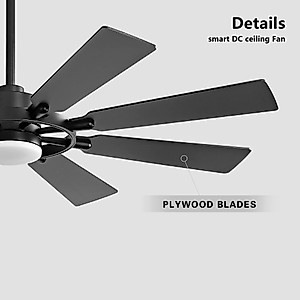 ELEHINSER 60" Ceiling Fan with Lights and Remote Control, Wood 8 Blades 6-Speed Noiseless Reversible DC Motor, Modern Windmill Ceiling fan for Kitchen Bedroom Dining Living Room, Black