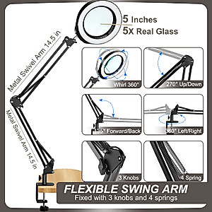 VEEMAGNI 5 Inch Large Magnifying Glass with Light and Stand, 5 Color Modes Stepless Dimmable, Long Swivel Arm LED Clamp Desk Lamp, Hands Free 8X Lighted Magnifier for Close Work Craft Hobby Soldering
