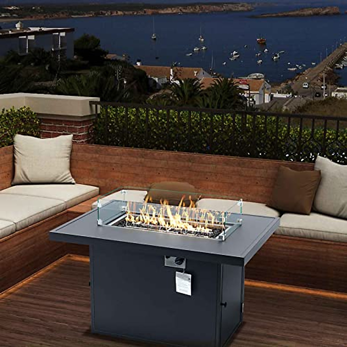 JHSDFOUIH Aluminum Alloy Fire Pit Table with Glass Wind Guard, 55000 BTU Auto-Ignition Propane Gas Firepit Table with Black Stove Stone, for Outdoor Garden Patio