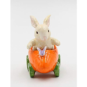 Fine Ceramic Bunny Rabbit on Carrot Cart Salt & Pepper Shakers, 4 1/4" L