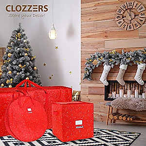 CLOZZERS Wrapping Paper Storage Container, with 2 Large Pockets for Accessories and Supplies, Heavy Duty Wrapping Paper Holder, Tear Resistant and Water Resistant, Fits up to 24 Standard Rolls, Red Stars Print