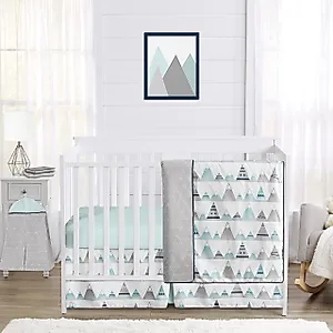 Sweet Jojo Designs 4 pc. Navy Blue, Aqua and Grey Aztec Mountains Baby Boy or Girl Unisex Crib Bedding Set Without Bumper