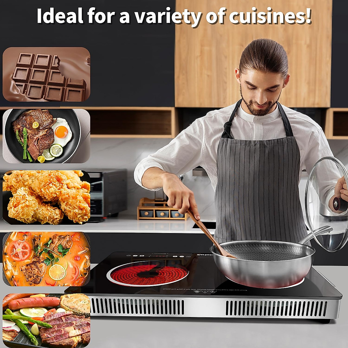 Karinear 2 Burner Electric Cooktop 110V, Portable Electric Stove with Handle, Knob Control Electric Hot Plate, Ceramic Infrared Countertop Burner, Timer, Safety Lock, 9 Power Level, 2000W, 24 inch