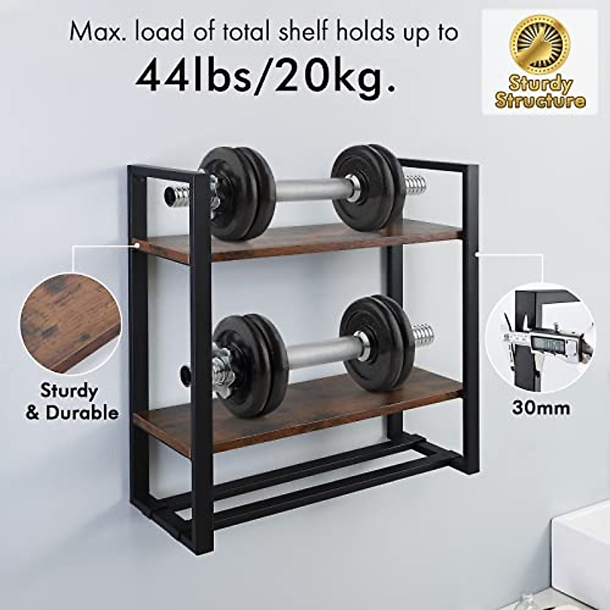 KES Bathroom Shelf with Bar Wall Mounted, 2-Tier Industrial Wooded Rustic Wall Shelf Over Toilet Rack with Double Adjustable Bar Floating Shelves 23.6-inch Metal Black, BTR500S60-BK