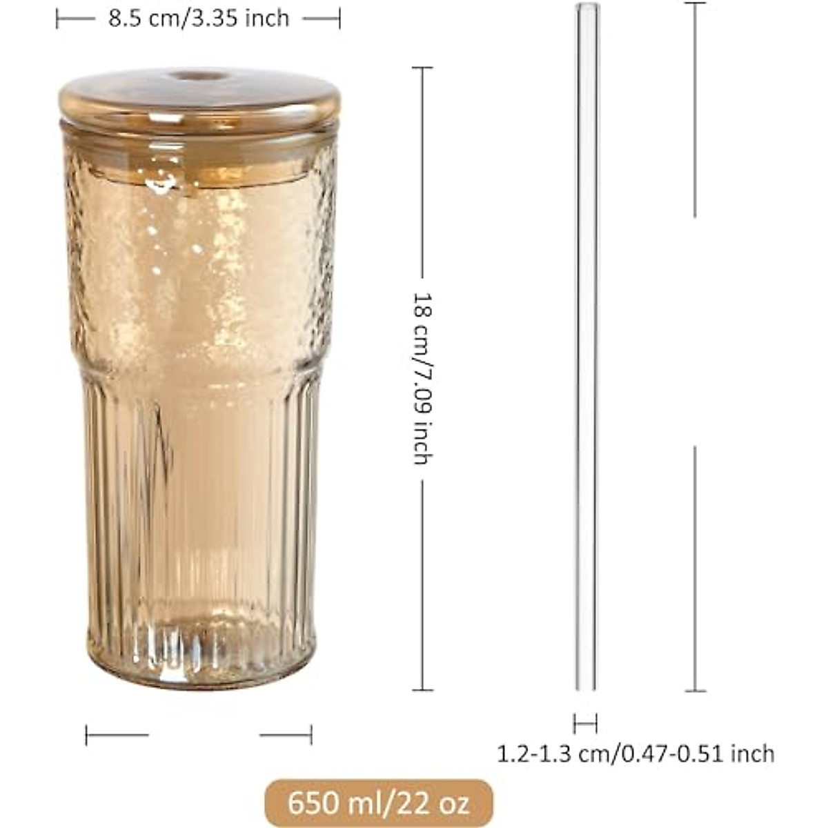 Joeyan 22 oz Amber Glass Tumbler with Straw and Lid for Iced Tea Coffee Smoothie Water Juice Beverages Soda,Ribbed Glasses Cups,Borosilicate Drinking Jar,Set of 2,Dishwasher Safe