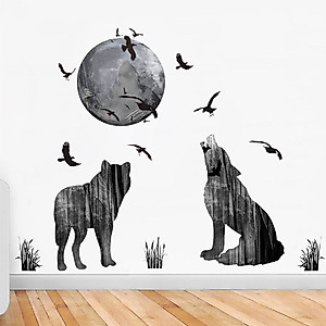 Wland 33 inches x 28 inches Moon Wolves Mountain Forests Silhouette Animals Wall Stickers Decals Decorations for Children Nursery Kids Room