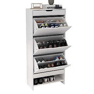 Modern Freestanding White Shoe Storage, with 3 Tier Tipping Bucket Shoe Storage Cabinet and 1 Drawers 2 Tier Open shoe cabinet,Wood 3-Tier Shoe Rack Storage Organizer for Entryway,Hallway & Bedroom