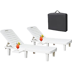 LUCKYERMORE Outdoor Chaise Lounge Set of 3, Patio Lounge Chairs for Outside, 74" Pool Lounge Chairs w/ 4 Level Adjustable Backrest, 350lbs Weight Capacity Plastic White Pool Furniture, Waterproof