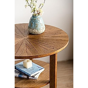 DS-HOMEPORT Round Wood Coffee Table for Living Room, 2 Tier Sturdy Circle Round Coffee Table with Large Storage, Rustic Farmhouse Round Coffee Table, 35.3''Dx17.8''H