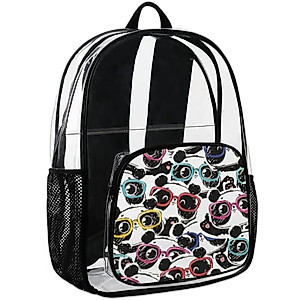 Cute Animal Panda Glasses Clear Backpack, Heavy Duty PVC School Bag for Girls Boys Teens, Transparent Backpack with Laptop Compartment for Women Men Work Travel