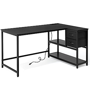 JOINHOM L-Shaped Desk with Drawers - 55 in Reversible Black Office Desk for Home Office, Computer Desk with Storage for Bedroom, L-Shaped Computer Desk with USB Ports and Bookshelf