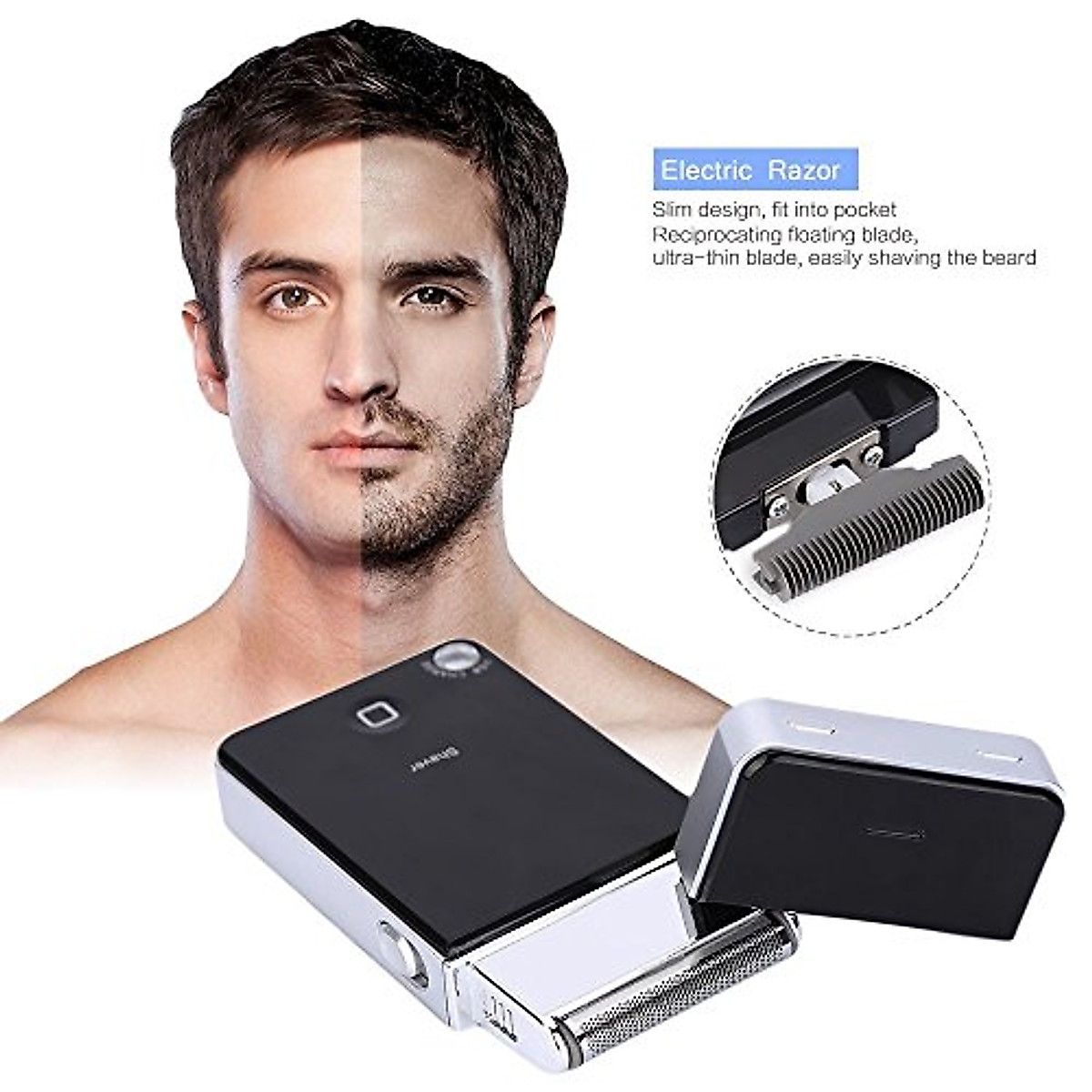 Men Electric Ultra Thin Shaver Rechargeable Washable Wet/Dry Razor for Face Care Beard Trimmer Reciprocating Blade with USB Charger