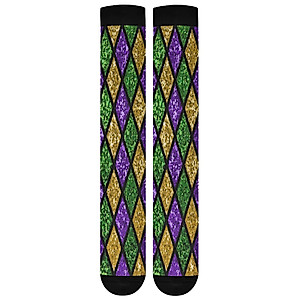 Wusikd Mardi Gras Shiny Compression Socks for Women and Men Circulation Green Purple Plaid Long Socks for Athletic Running 1