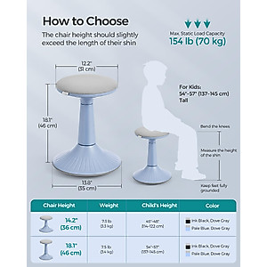 SONGMICS Kids Wobble Chair, Wiggle Stool for Kids Ages 8-12, Comfortable 60D Foam Seat, Breathable Fabric, Anti-Slip Base, 18.1-Inch High, Tool-Free Assembly, Pale Blue and Dove Gray UOSC010Q01