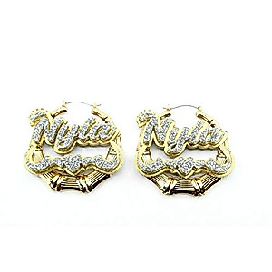 Personalized Custom Gold Hoop Bamboo Earrings Name Plate Laser Cut Design Stunning Look - Quality, Attractive Gold Hoop Earrings With Swirls Heart and Crown on Top, Made To Order - 2.5 INCHES size