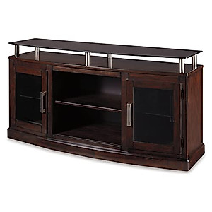 Signature Design by Ashley Chanceen Traditional TV Stand Fits TVs up to 58", Raised Glass Top, Adjustable Shelf and 2 Cabinets For Storage, Dark Brown