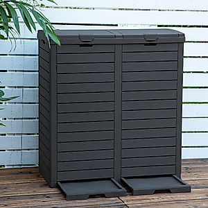 DWVO Outdoor Large Resin Trash Can, 62 Gallon Classified Hideaway Garbage Bins with Dual Lid and Drip Trays for Porch, Backyard, Deck, Patio, Poolside, Easy to Clean, 248 Quart, Black