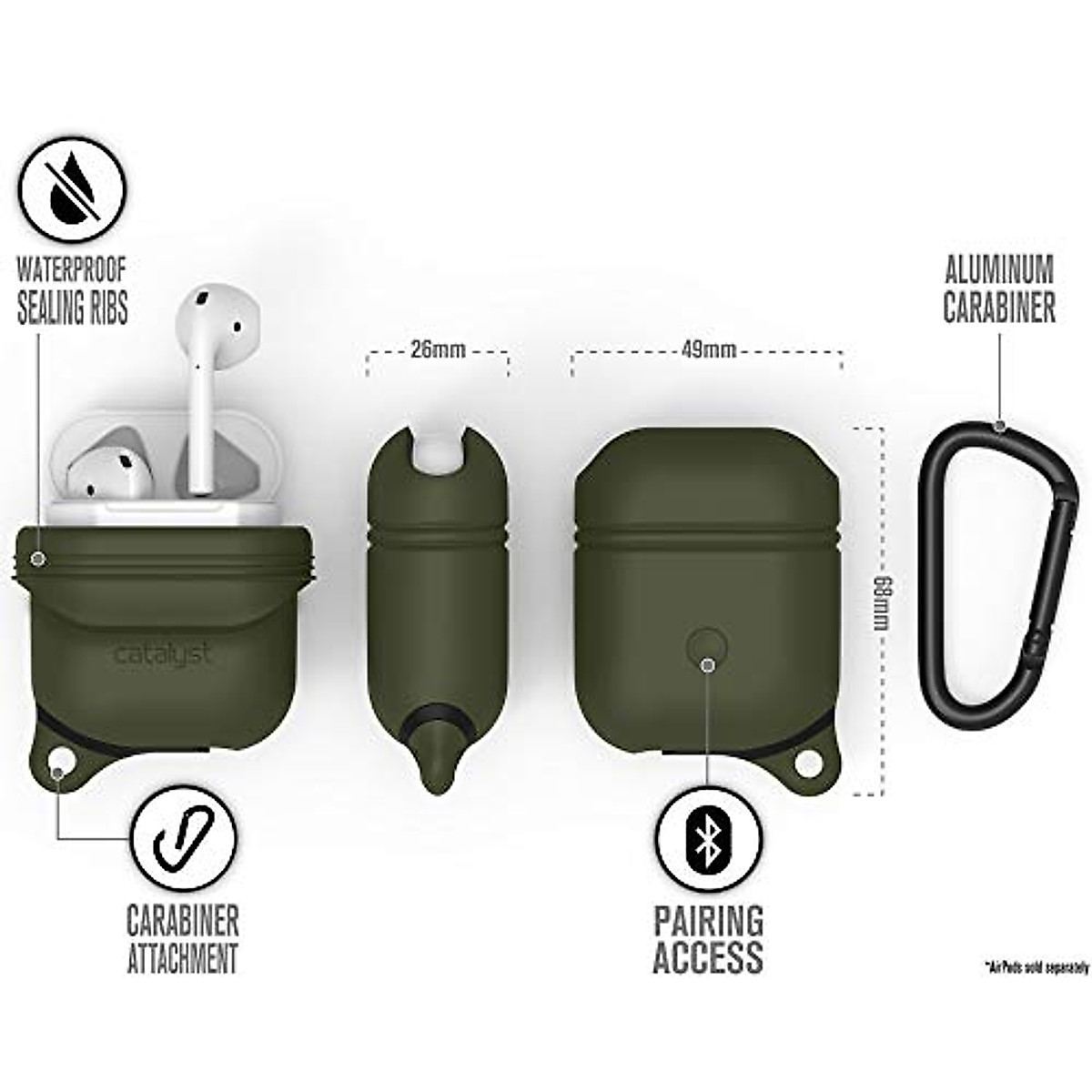 Waterproof Airpods Case 2 & 1 Cover by Catalyst, Shockproof and Drop Proof air pods Protective Cover Soft Skin, Carabiner, Silicone Sealing, Compatible Wireless Charging - Army Green